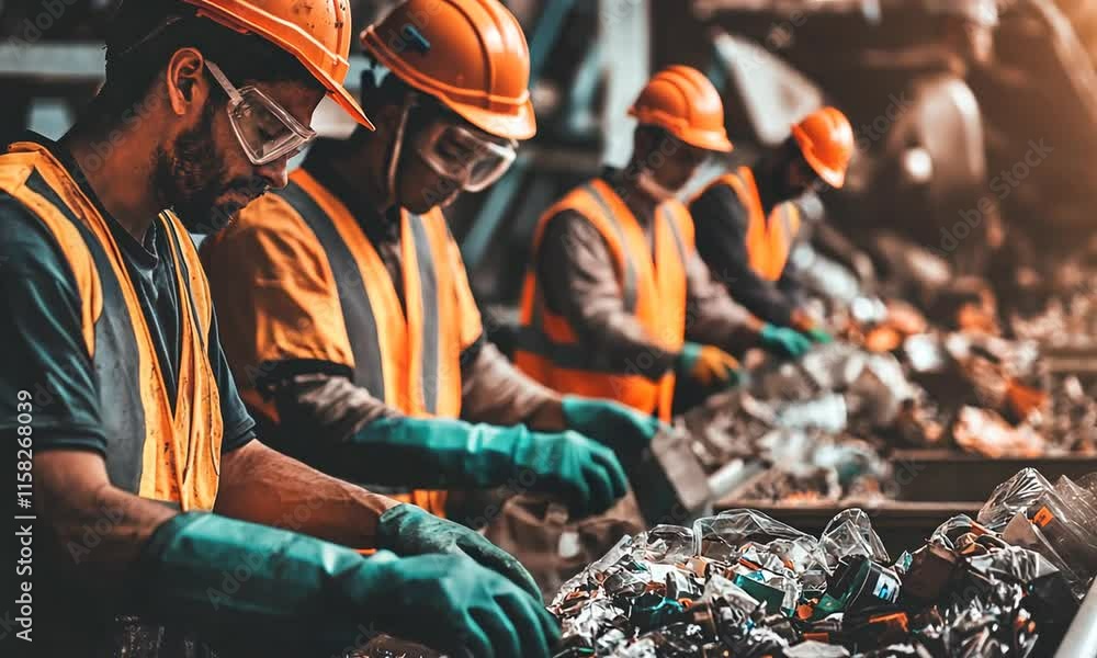 Workers sorting recyclable materials in a waste management facility ...