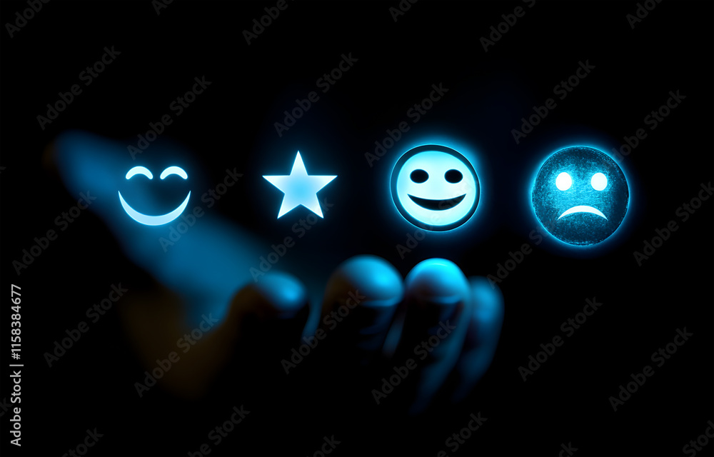 Hand Interacting with Glowing Feedback Icons Featuring Smiley Face ...