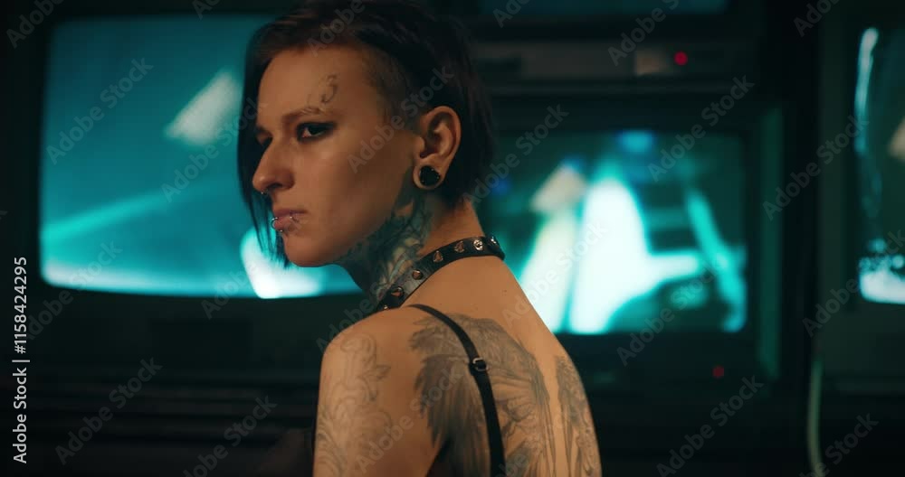 Freaky woman with piercing and tattooing angel wings on back in studio ...