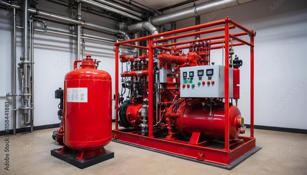 Photo & Art Print Red fire suppression system with pressure tank and ...