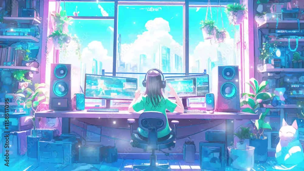 A dedicated gamer enjoys a colorful streaming setup with dual monitors ...