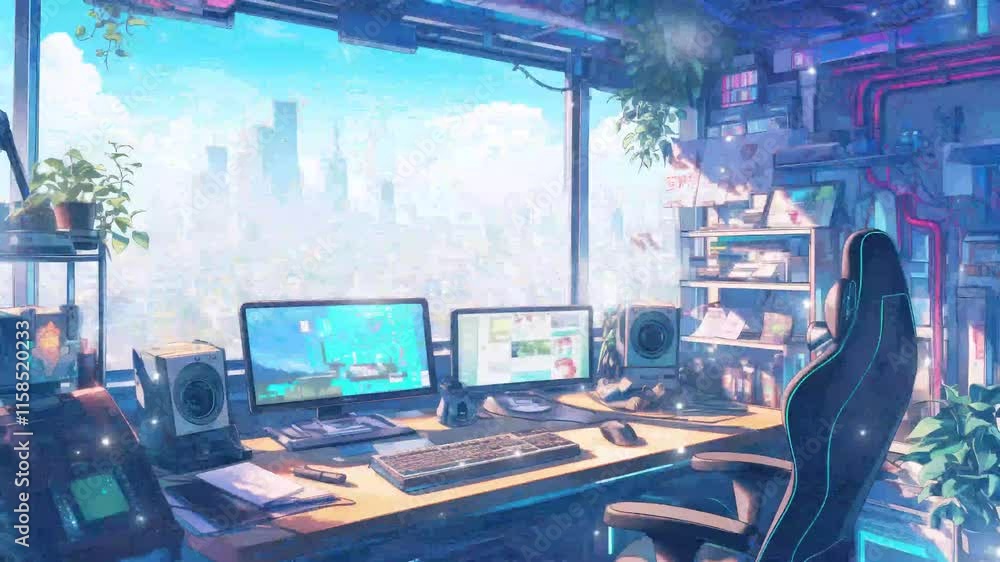A chic workstation with greenery and a stunning city view. glitch ...