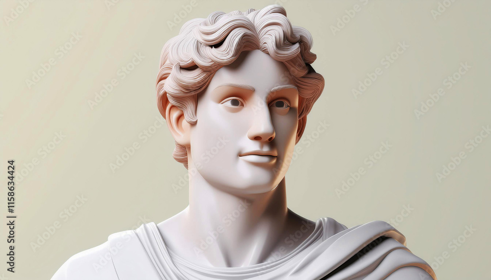 3D illustration of a white marble-inspired bust of Apollo, the Greek ...