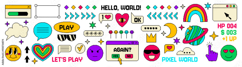 Pixel art shape. 2000s icon. Youth anime label. Old kawaii emoji ...