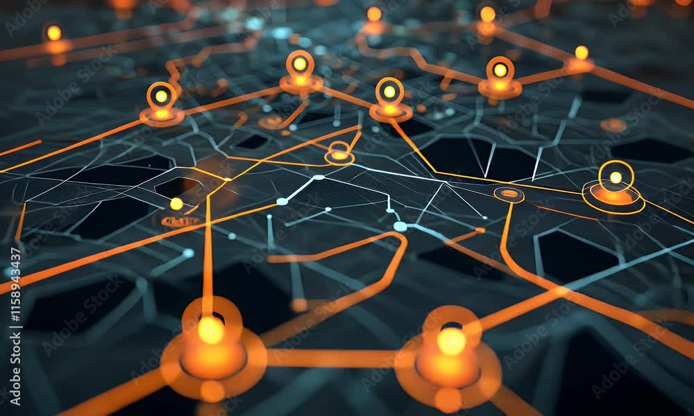 A digital map featuring interconnected location pins, symbolizing ...