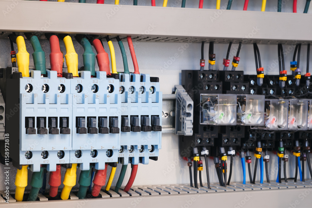 Bunch of electrical switches are hanging on a wall. The switches are in ...