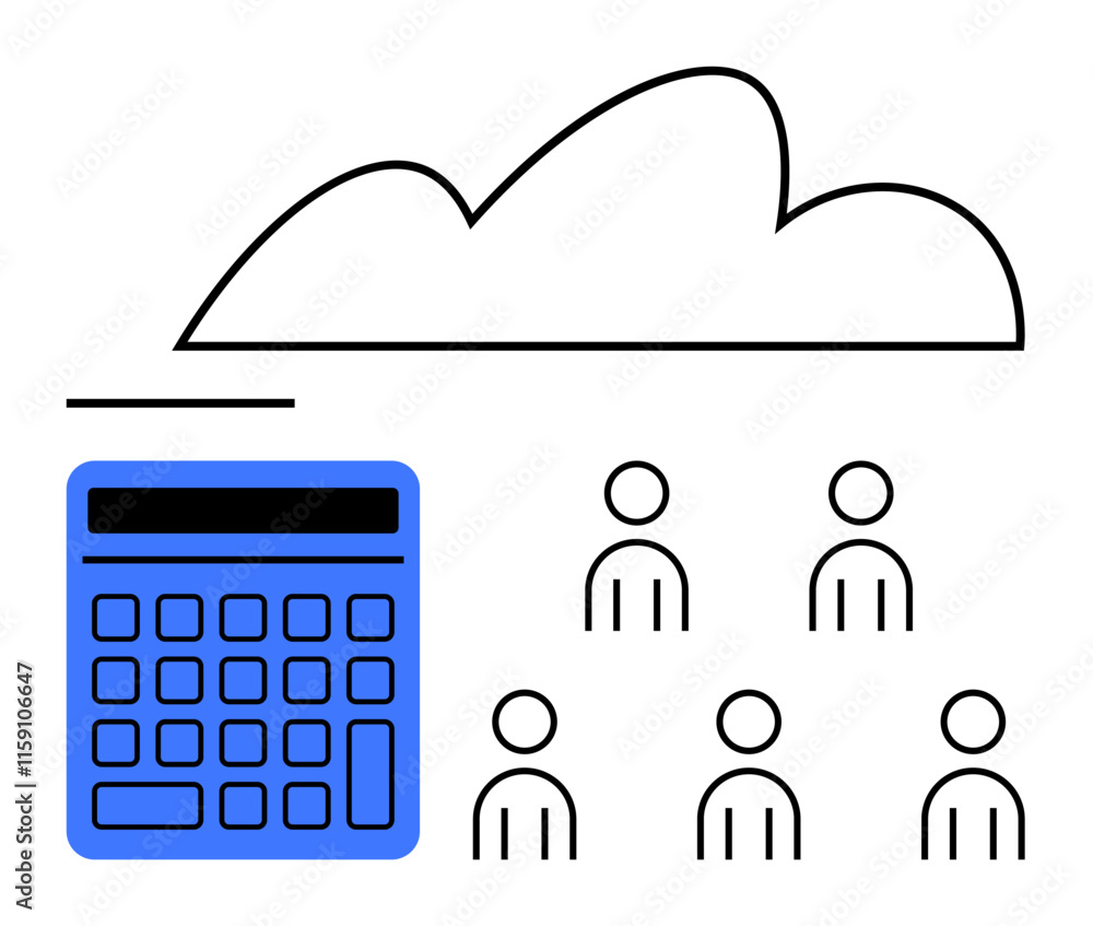 Blue calculator, cloud outline, and six line figures representing ...