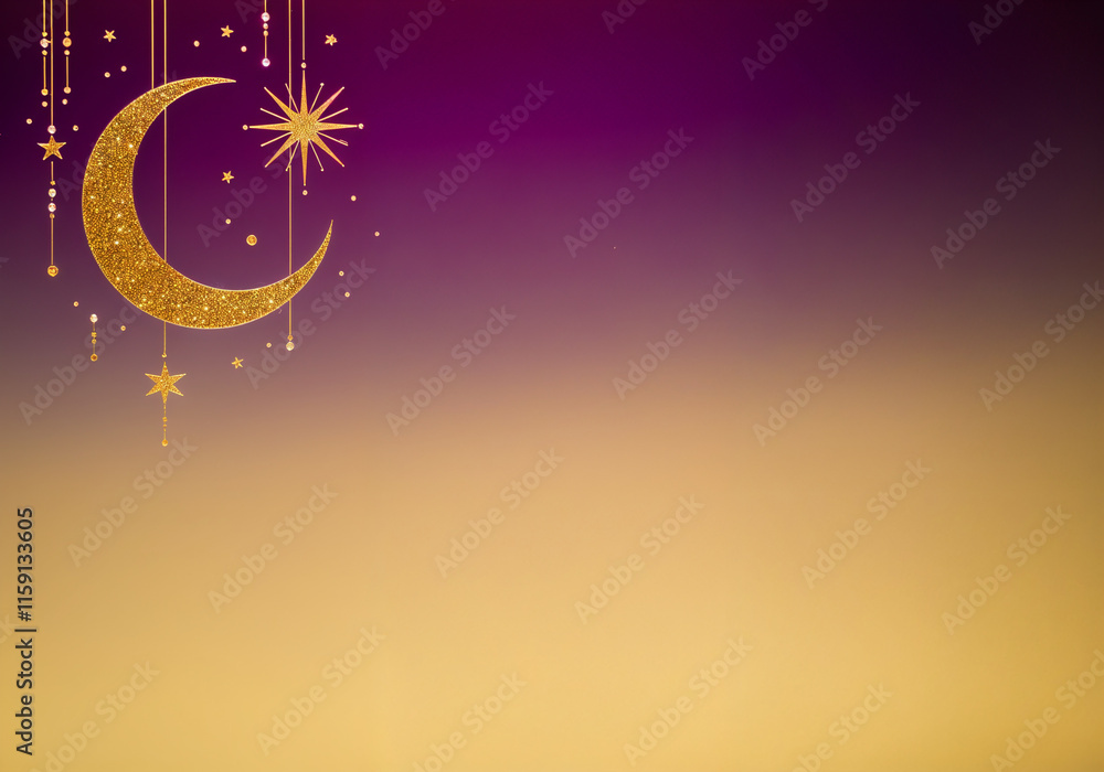 Elegant golden crescent moon and stars hanging on a string against a ...