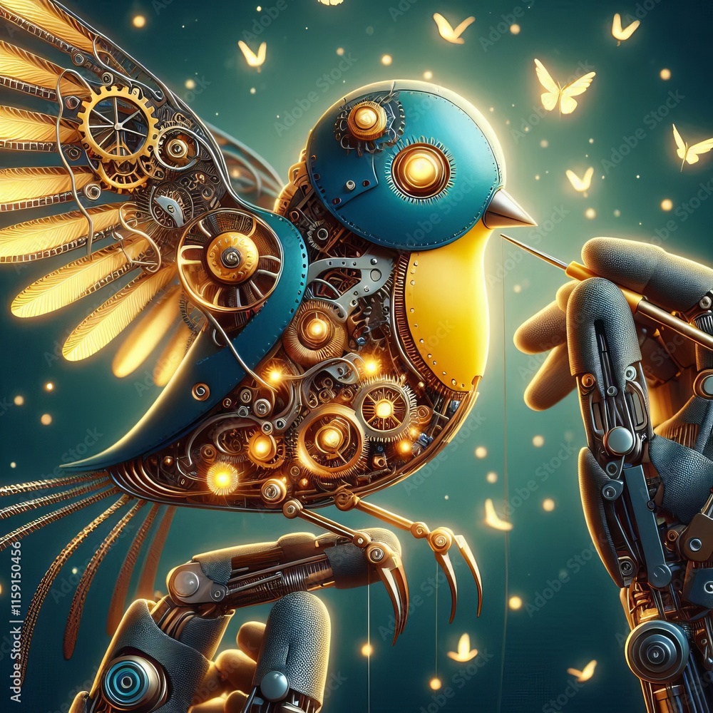 177 Clockwork Bird A constructor builds a clockwork bird with gl Stock ...