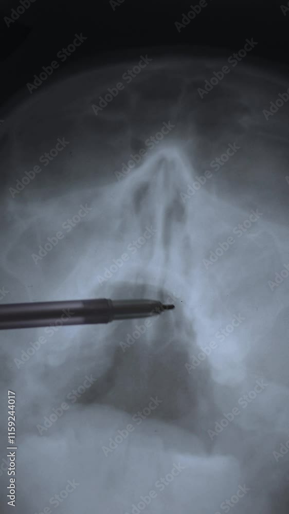 Doctor learning vertical X-ray scan of skull facial asymmetry. Head ...
