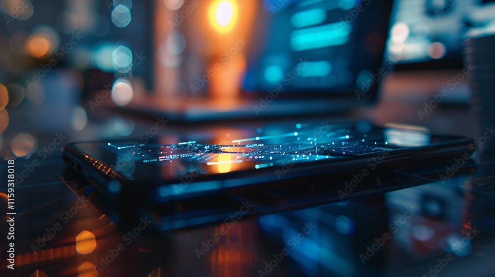 Close-up of a cracked smartphone screen with glitching digital ...