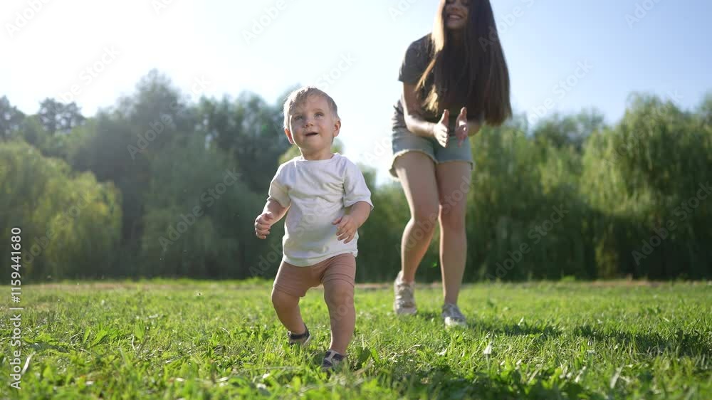 Mom and baby taking the first steps. Happy family kid dream concept. A ...