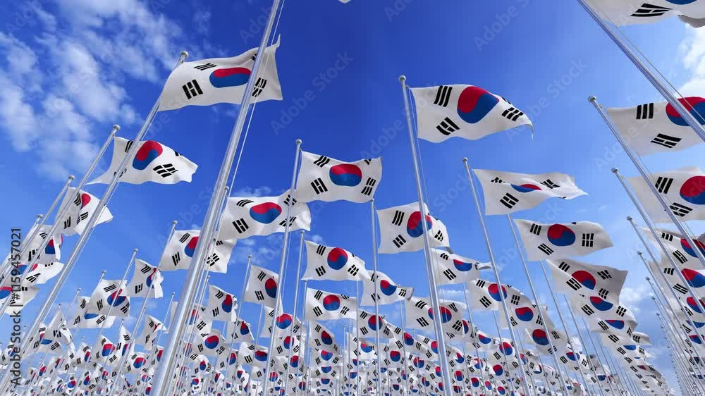 South Korea, national flags waving in the wind. 3D realistic High ...
