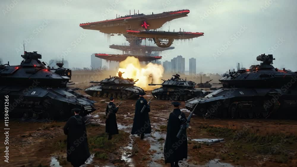 Cinematic anamorphic 4K render of science fiction war scene. Military ...