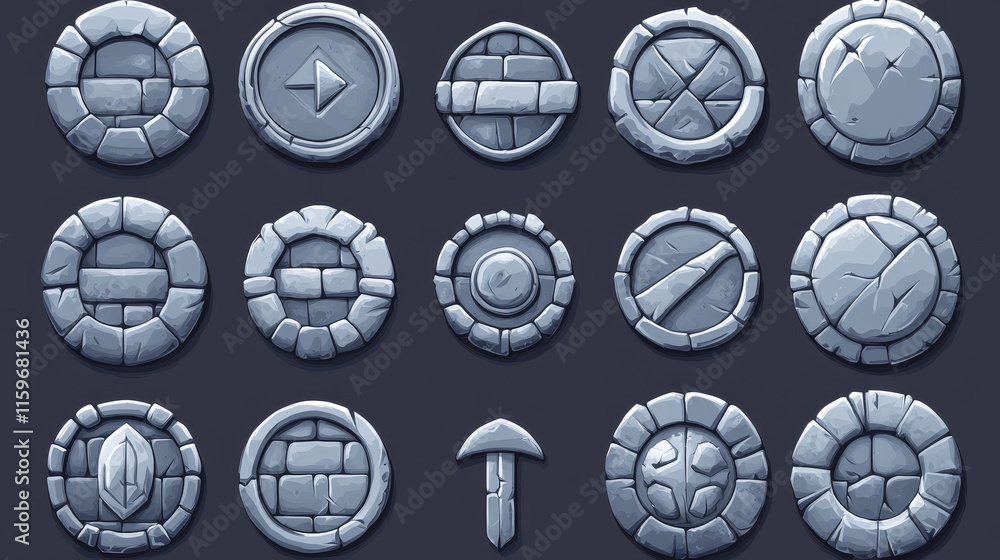 Stone rock ui game interface button cartoon vector. Circle, arrow ...