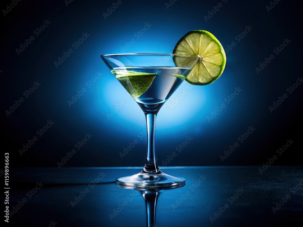 Crystal-clear gin martini, lime twist, dramatically dark blue ...