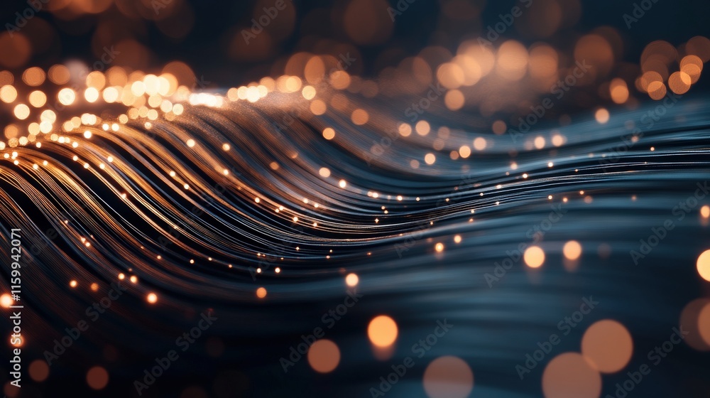 Abstract flow of shimmering waves with glowing particles creating a ...