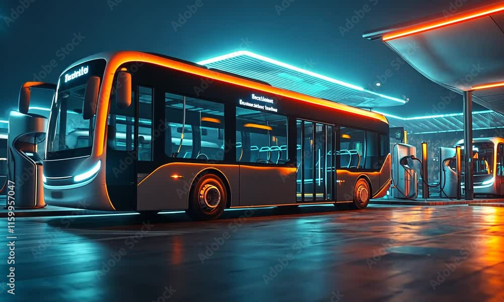 Futuristic electric bus at a glowing charging station in a night ...