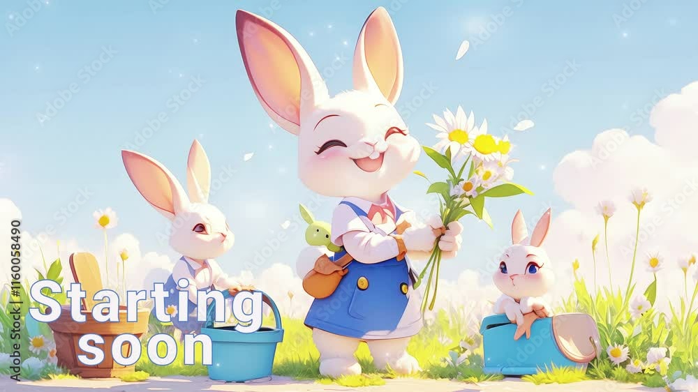 Joyful bunnies enjoy a sunny day picking flowers together. starting ...