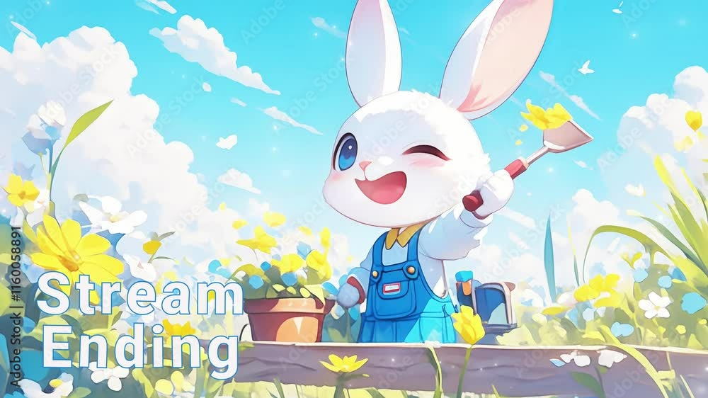 Happy bunny in a colorful garden celebrating the end of a stream stream ending overlay seamless ...