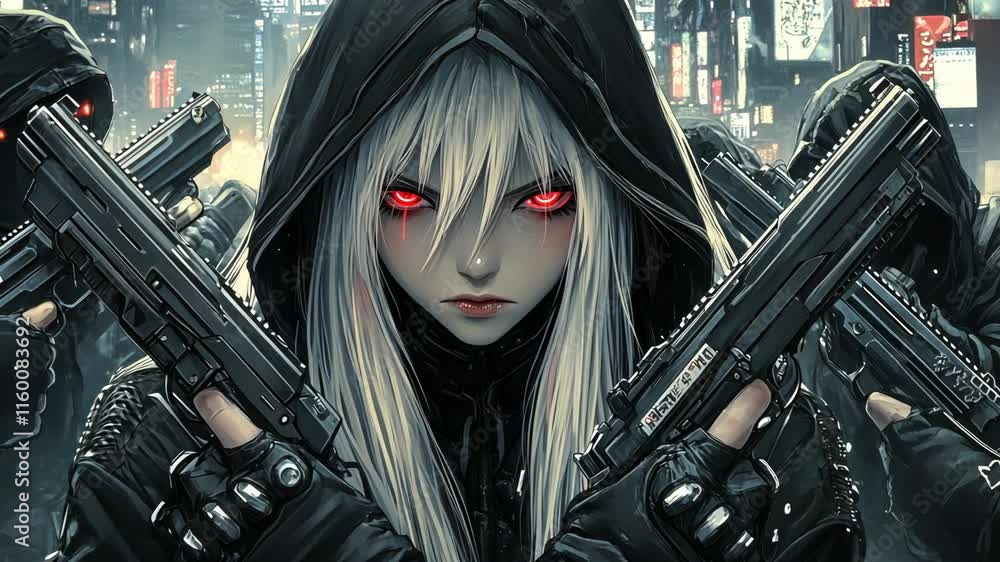 Wideo Stock: Anime girl with long white hair and red eyes in a black ...