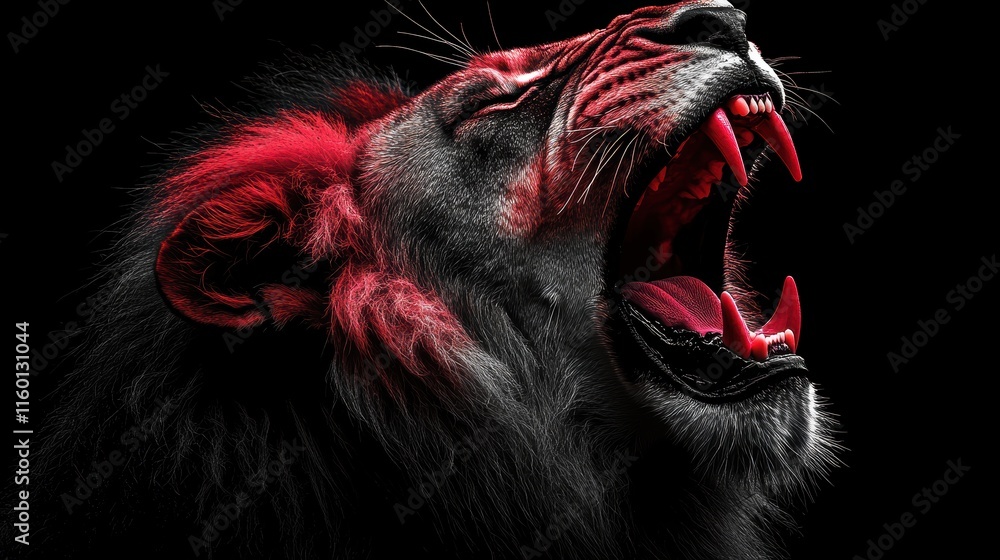A ferocious lion, its mouth wide open in a roar, about to devour its ...