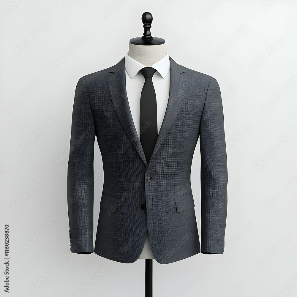 Gray men's suit with white shirt and black tie, on a mannequin torso ...