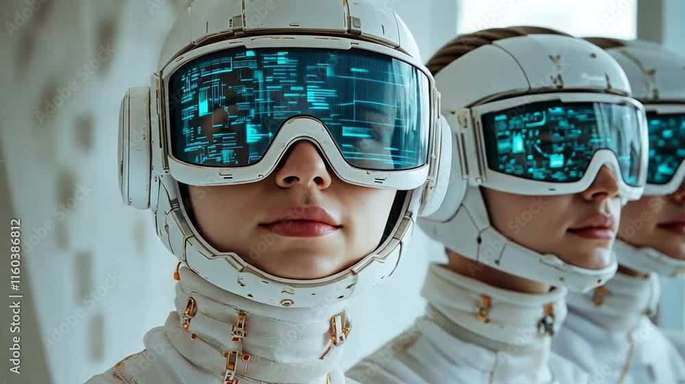 Futuristic Vision: Three women in futuristic white suits with visors ...