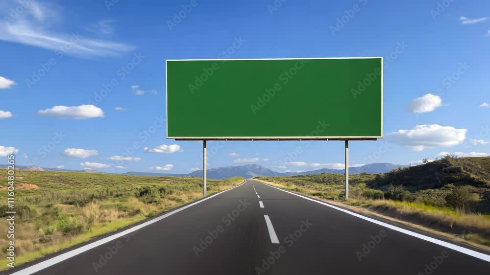 Large green screen billboard mounted over a deserted highway in the ...