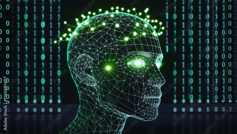 Digital human head with glowing green neural connections and binary ...