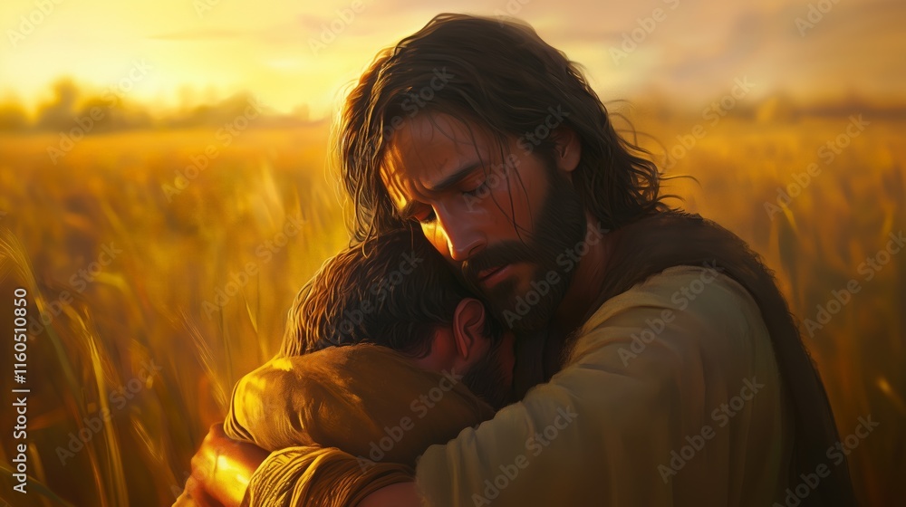 Jesus embracing a repentant man: Jesus embracing a man kneeling before ...