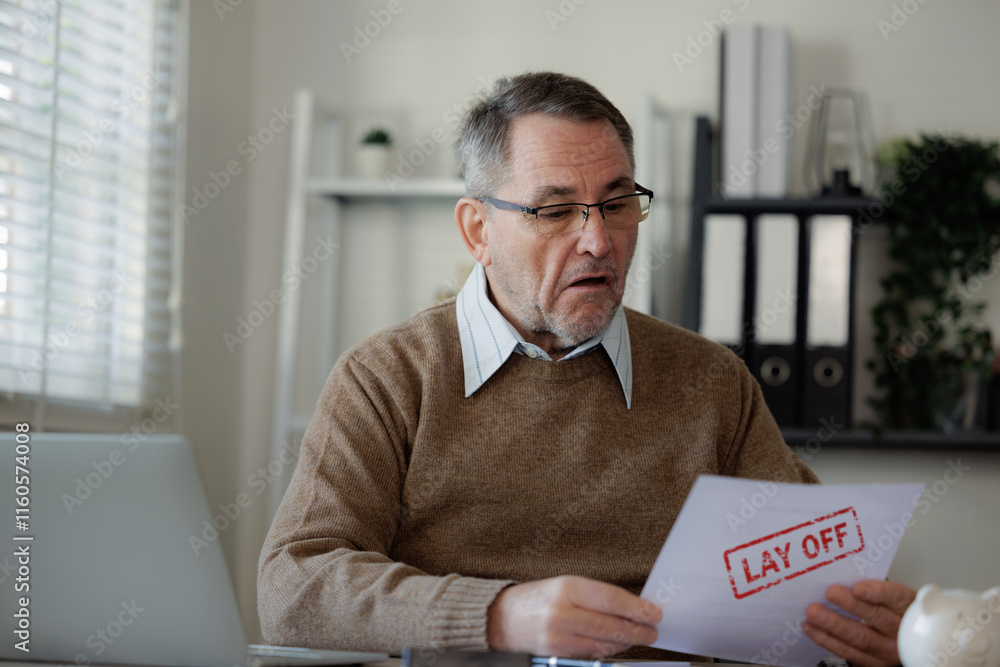 Old man stress while he read unemployment document at home, ageing ...
