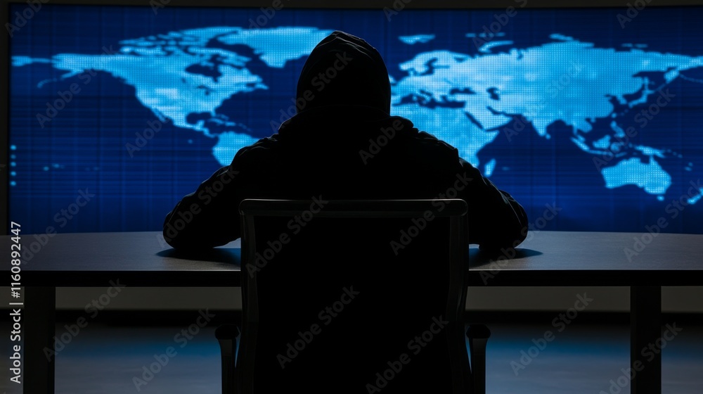 An anonymous hacker seating in front of a commanding monitor, engrossed in the process of ...