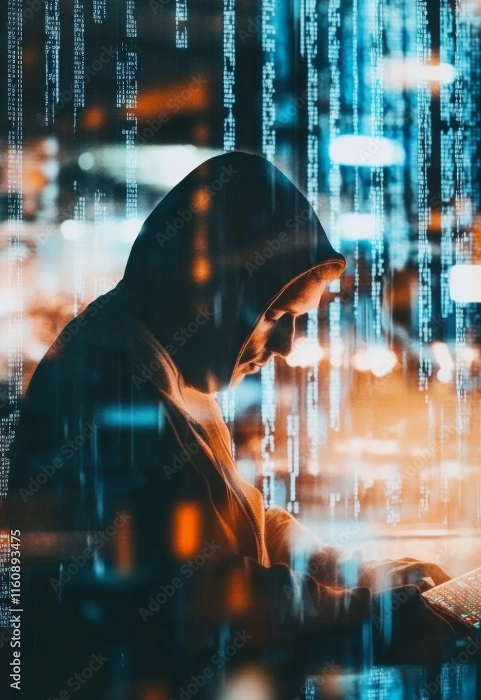 An anonymous hacker seating in front of a commanding monitor, engrossed in the process of ...