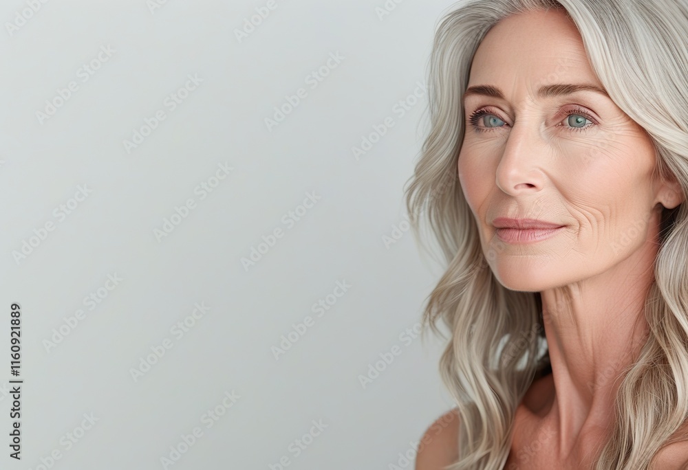 Closeup portrait of a beautiful mature woman with long, wavy silver ...