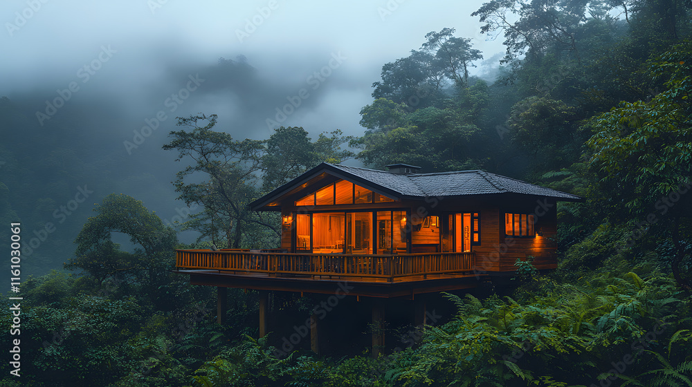 ภาพประกอบสต็อก Photography of a beautiful wooden hut standing amidst ...