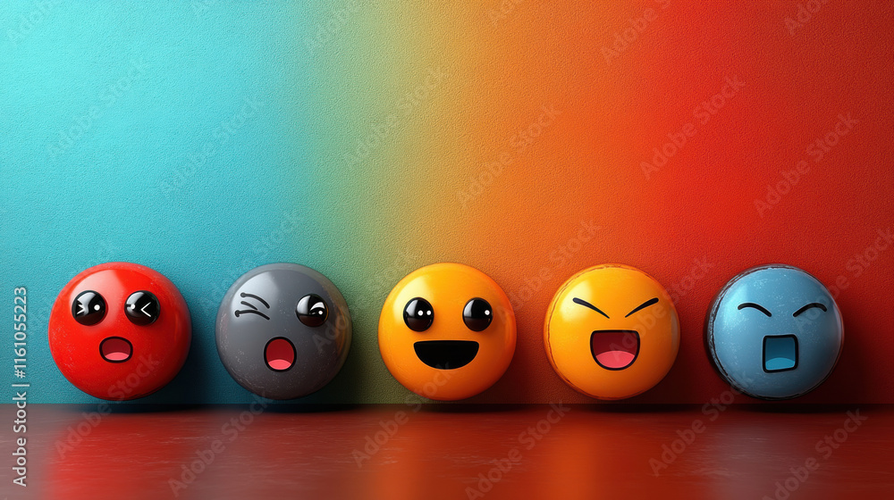 vibrant illustration of five colorful emoji faces expressing various ...