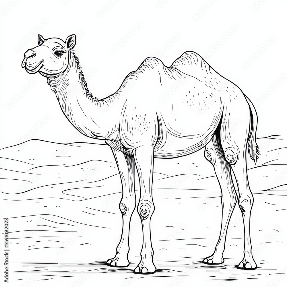 Photo & Art Print Camel in the Desert: A detailed line drawing of a ...