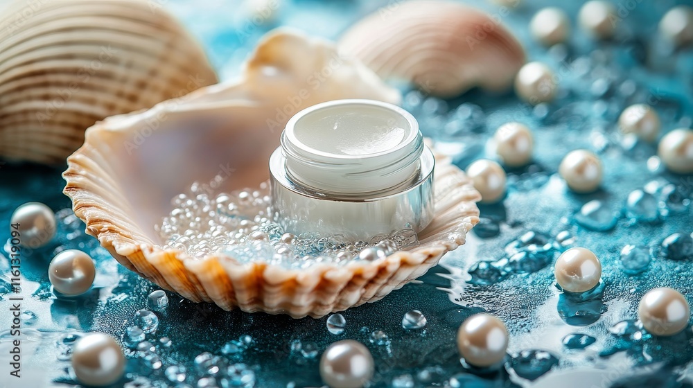 Pearl cosmetics, scallop shell podium, blue water splashes and white ...