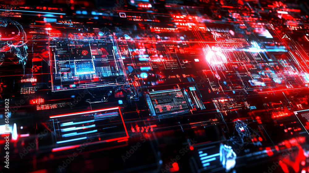 Poster Cybernetic Data Streams Flowing Across Screens: Red and Blue Digital Information Overlays ...