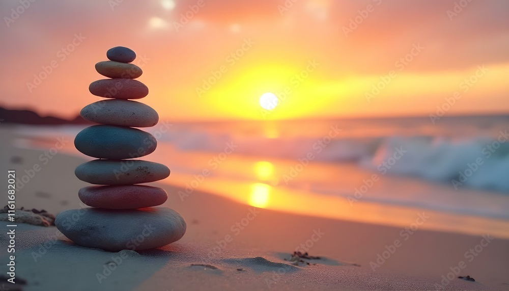 Piedras apiladas en la playa al atardecer, simbolizando relajación y ...