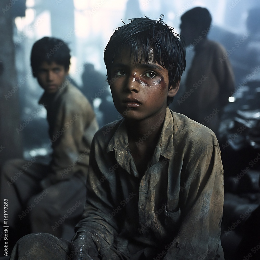 Destitute Child Sitting Alone in Alley Facing Hardships of Poverty and ...