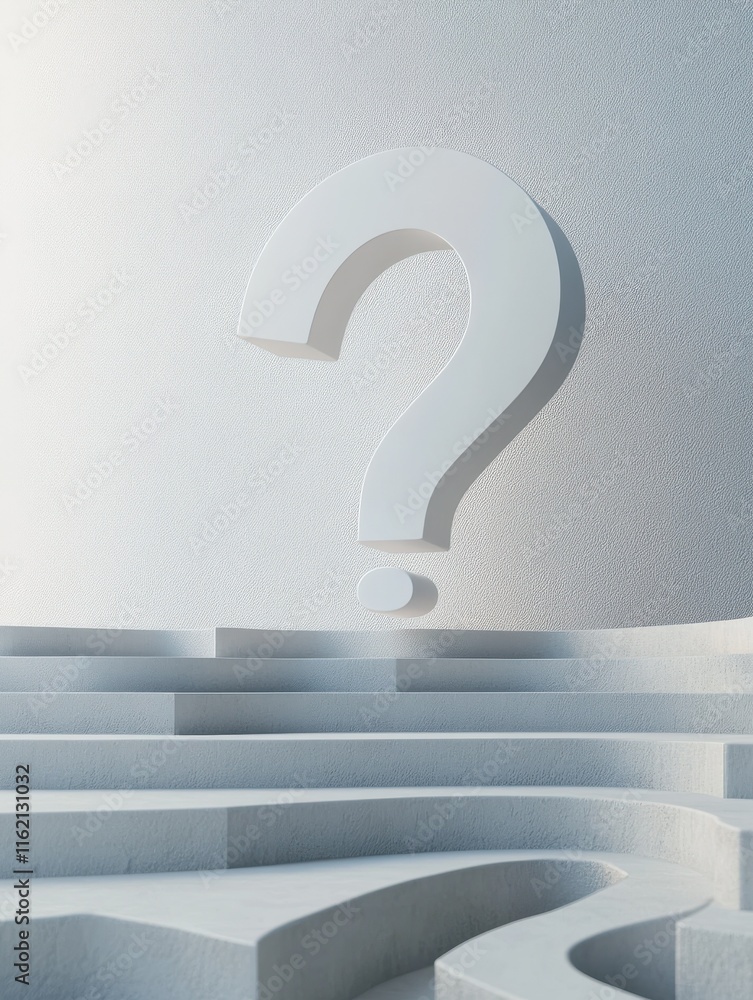 Mind maze concept with huge question mark with lots of white stairs ...