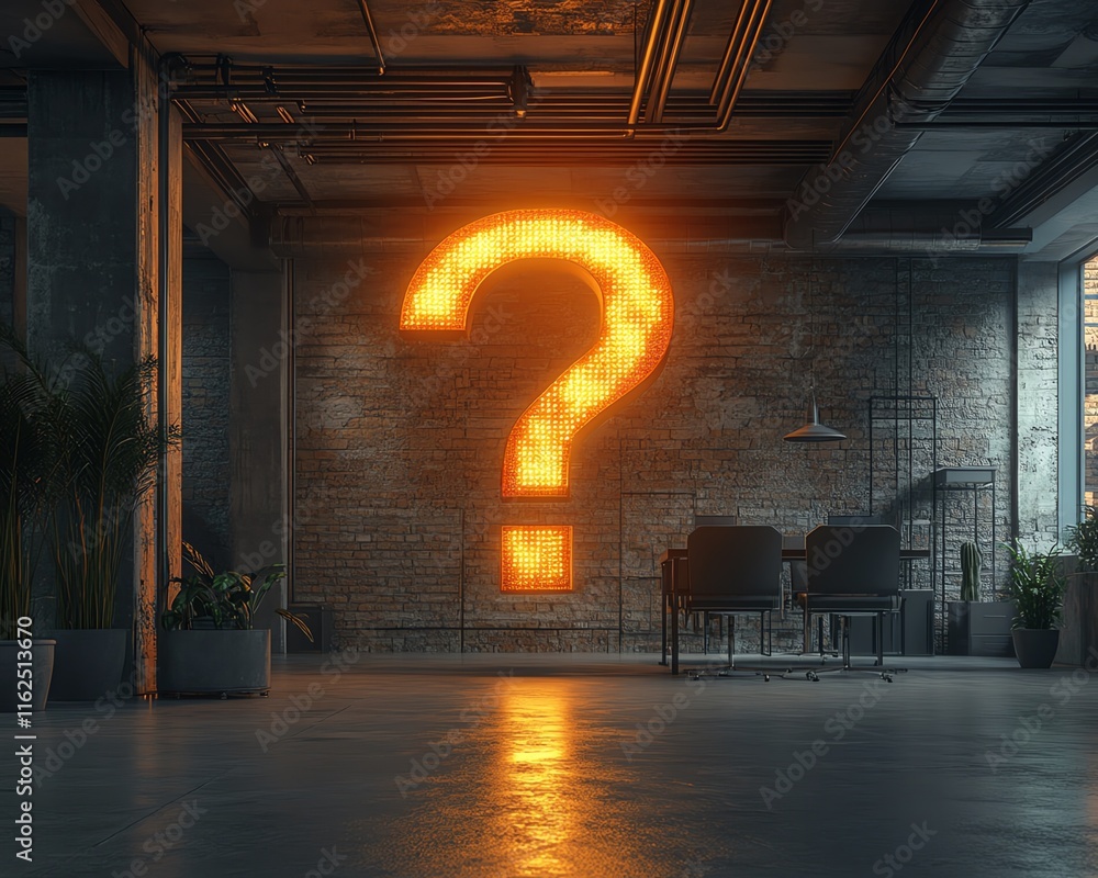 Poster A large, glowing question mark in a modern office, reflecting ...