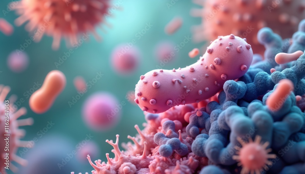 Macro view shows healthy gut microbes interacting. Different types of ...