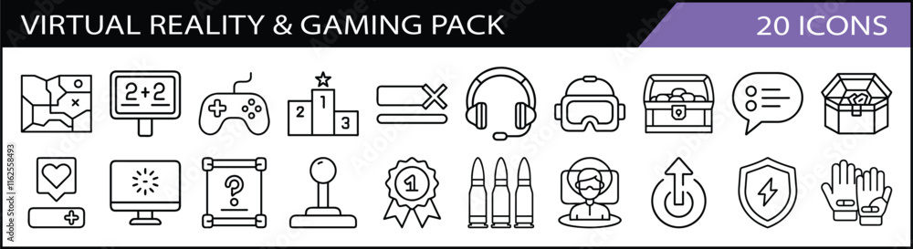 Virtual Reality and Gaming Icon Set - A pack of 20 line icons featuring ...