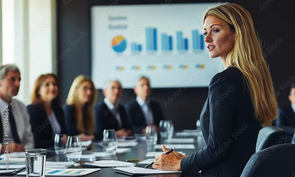 Confident professional woman speaking and sharing ideas in a meeting ...