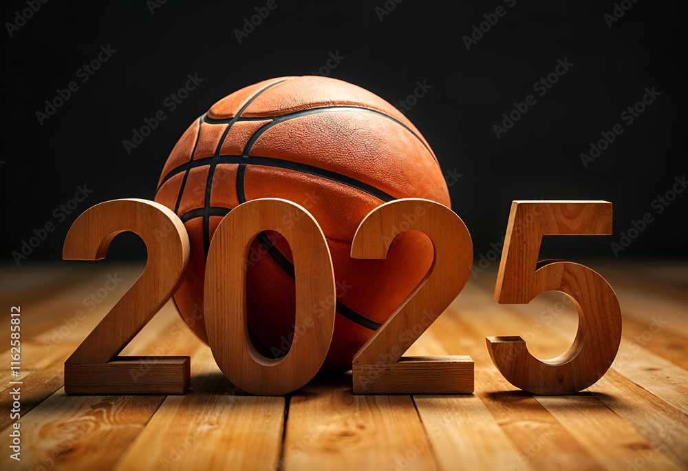 Wooden numbers 2025 on a basketball court with a basketball resting ...
