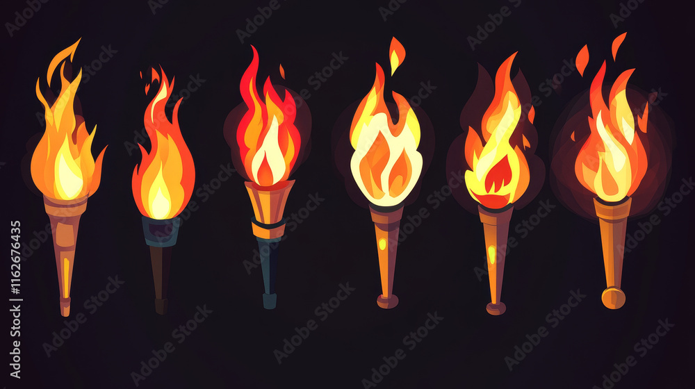 Fire torch icons. Vector isolated burning torches flames. Symbols of ...