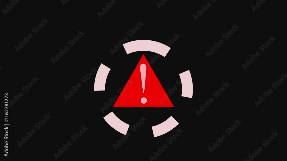Animated white circal & red triangle warning sign animation on black ...